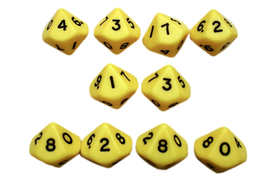 Dice Set of 10 x D10 Opaque Ten Sided Dice - Yellow - snmstuff.co.uk